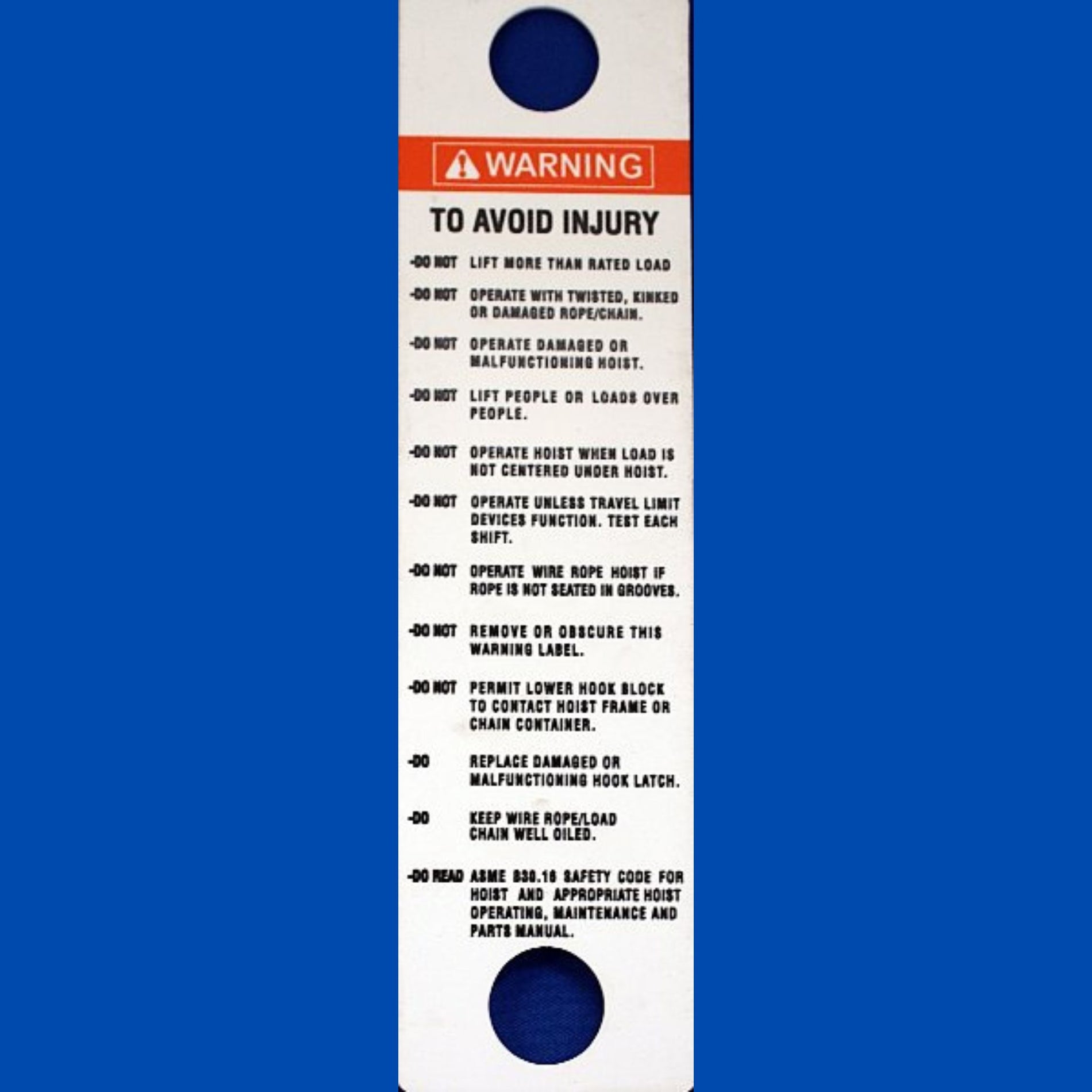 81704 CM Warning Tag for electric hoists | Electric Hoist Accessories